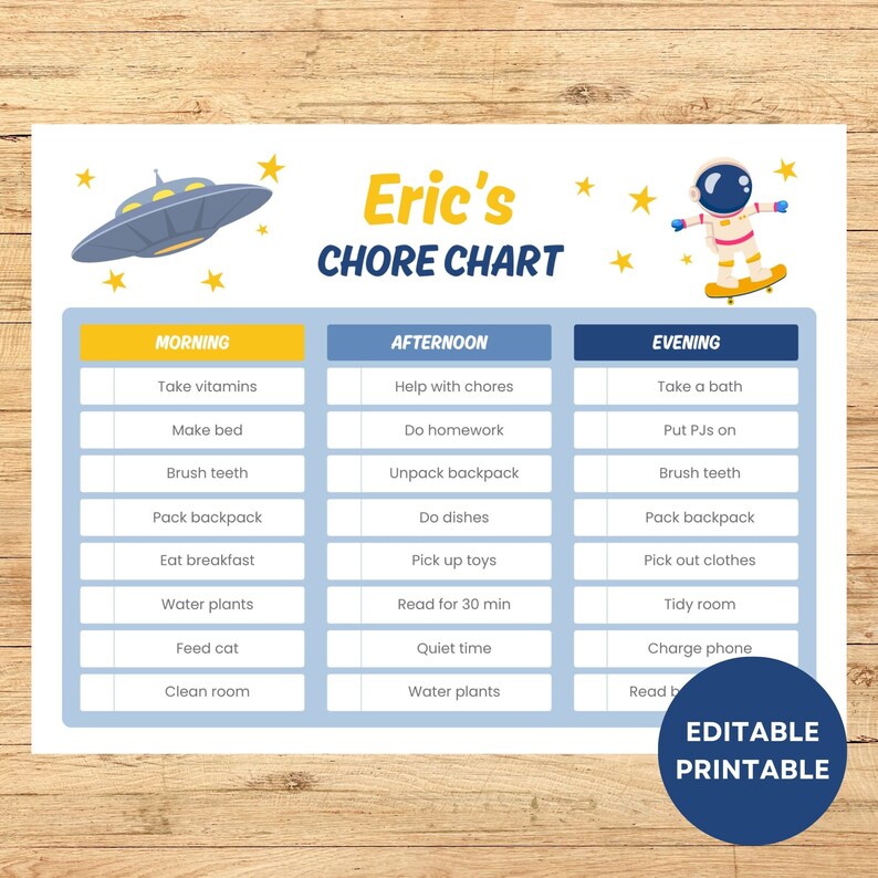 Editable Chore Chart, Space Reward Chart, Personalized Chore Chart ...