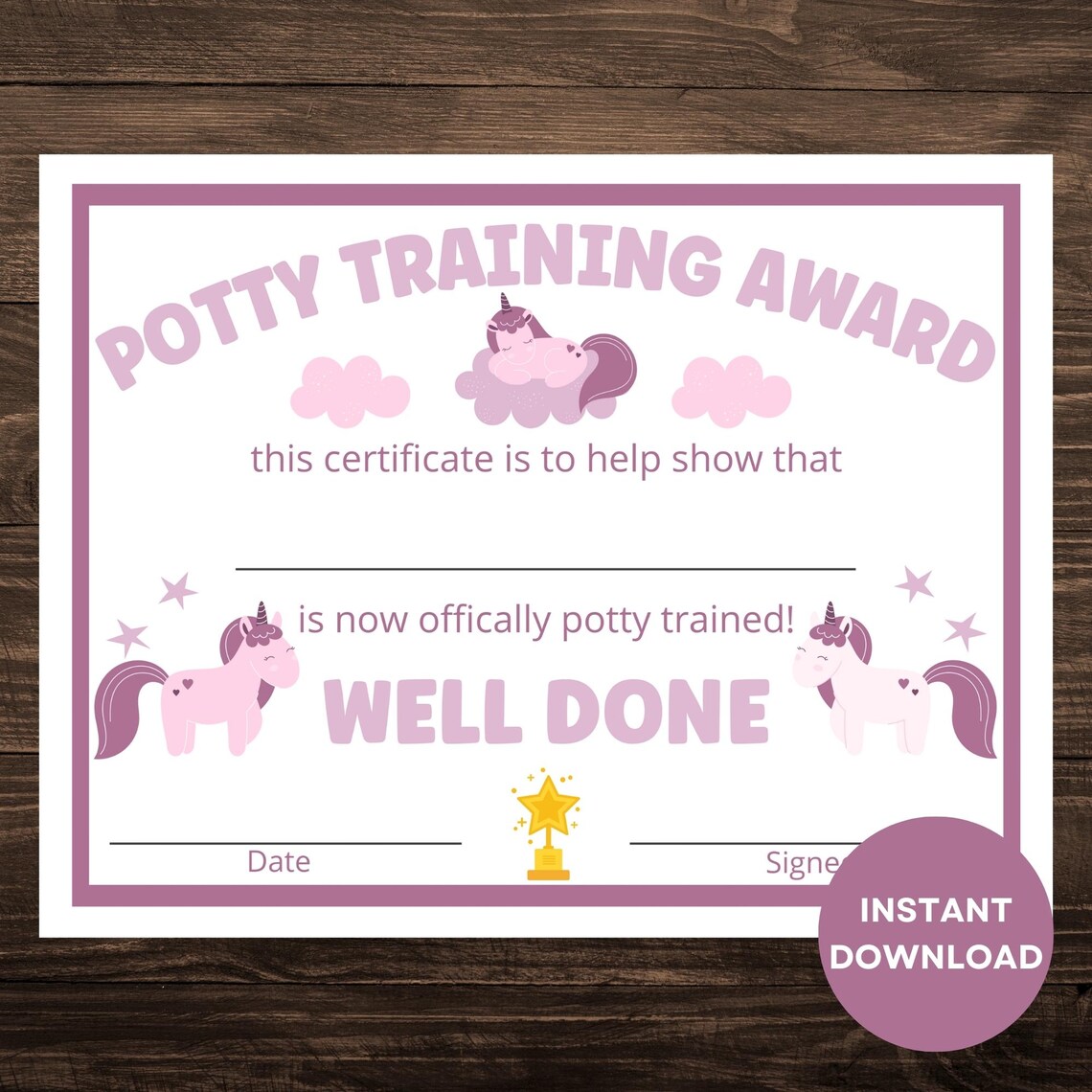 Unicorn Potty Training Certificate, Potty Training Award, Potty ...