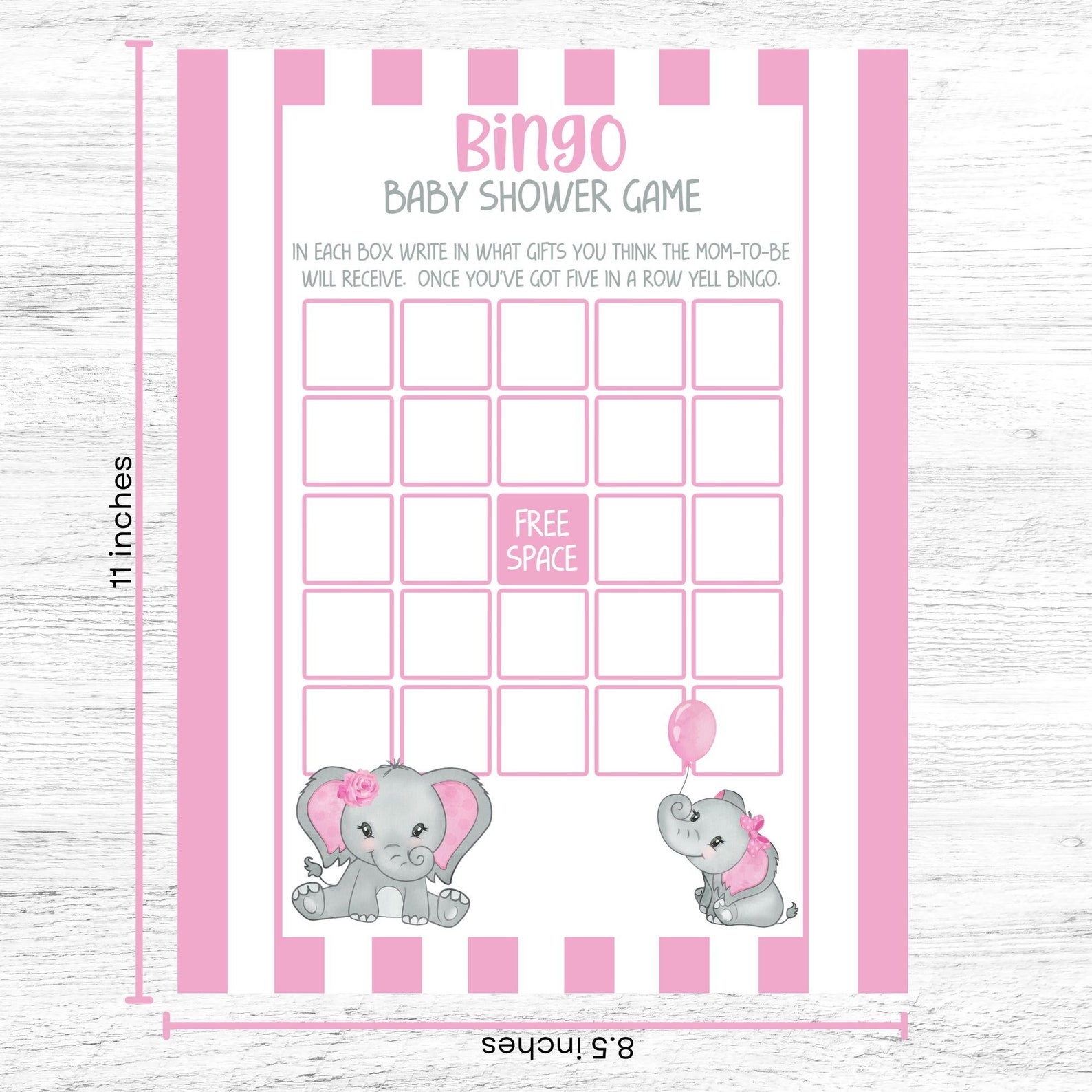 Elephant Baby Shower Bingo, Printable Baby Shower Bingo, Pink Elephant ...