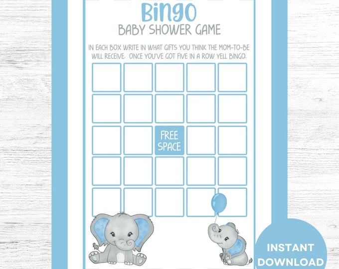 Boy Elephant Baby Shower Bingo Game, Blue Elephant Boy Baby Shower Game ...