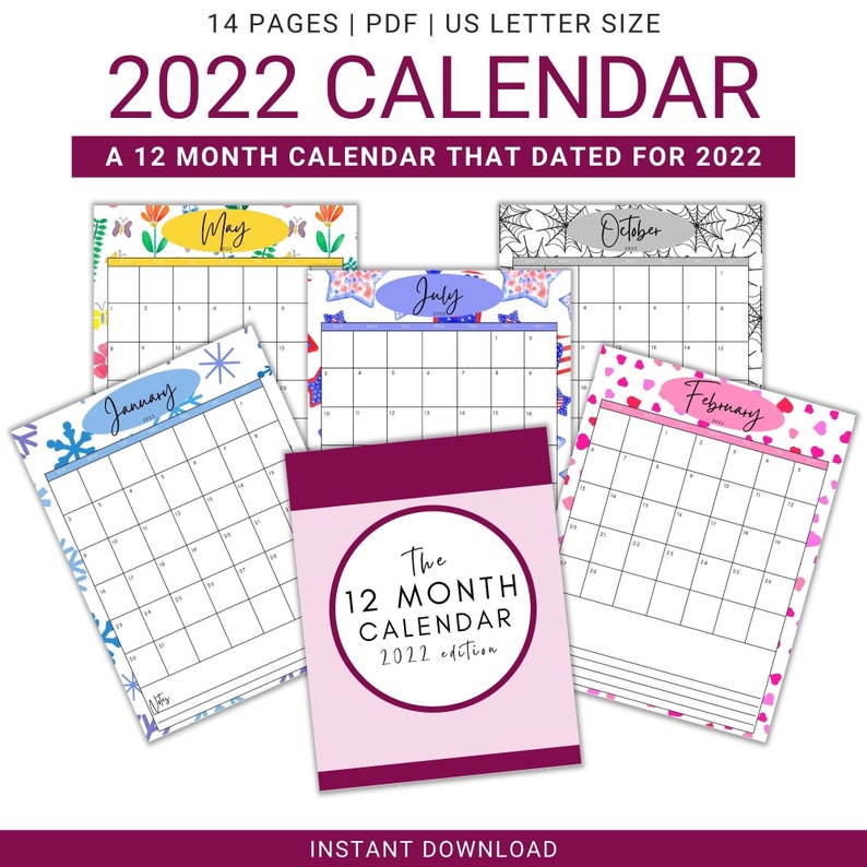 2022 Calendar Printable, Monthly Calendar Printable, Holiday Calendar ...