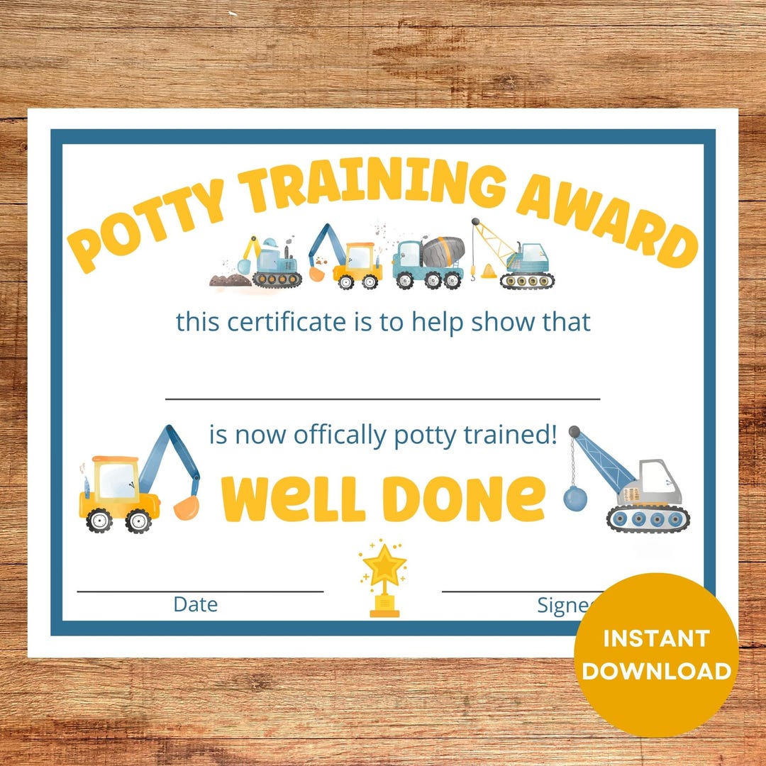 Construction Potty Training Certificate, Potty Training Award, Potty ...