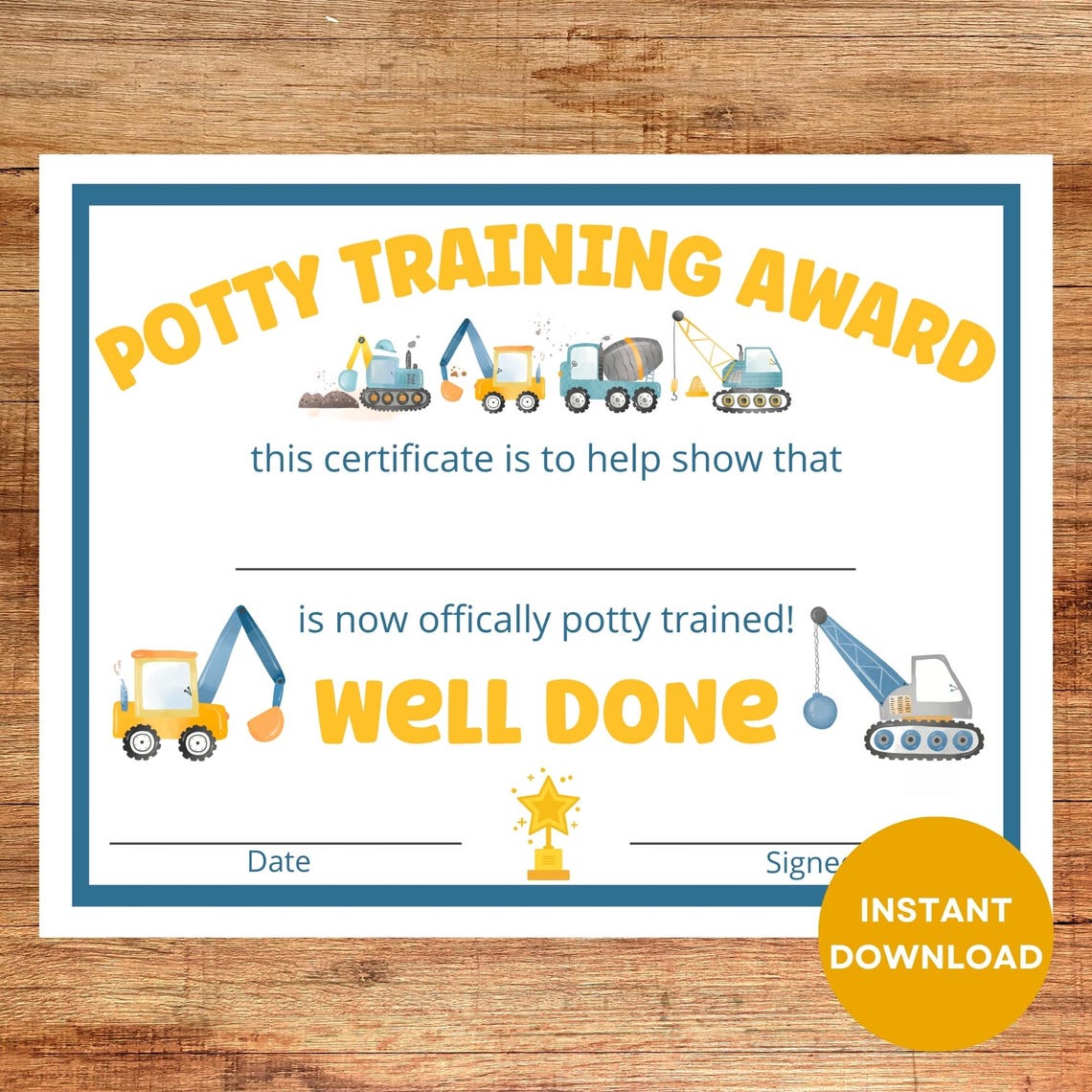 Construction Potty Training Certificate, Potty Training Award, Potty ...