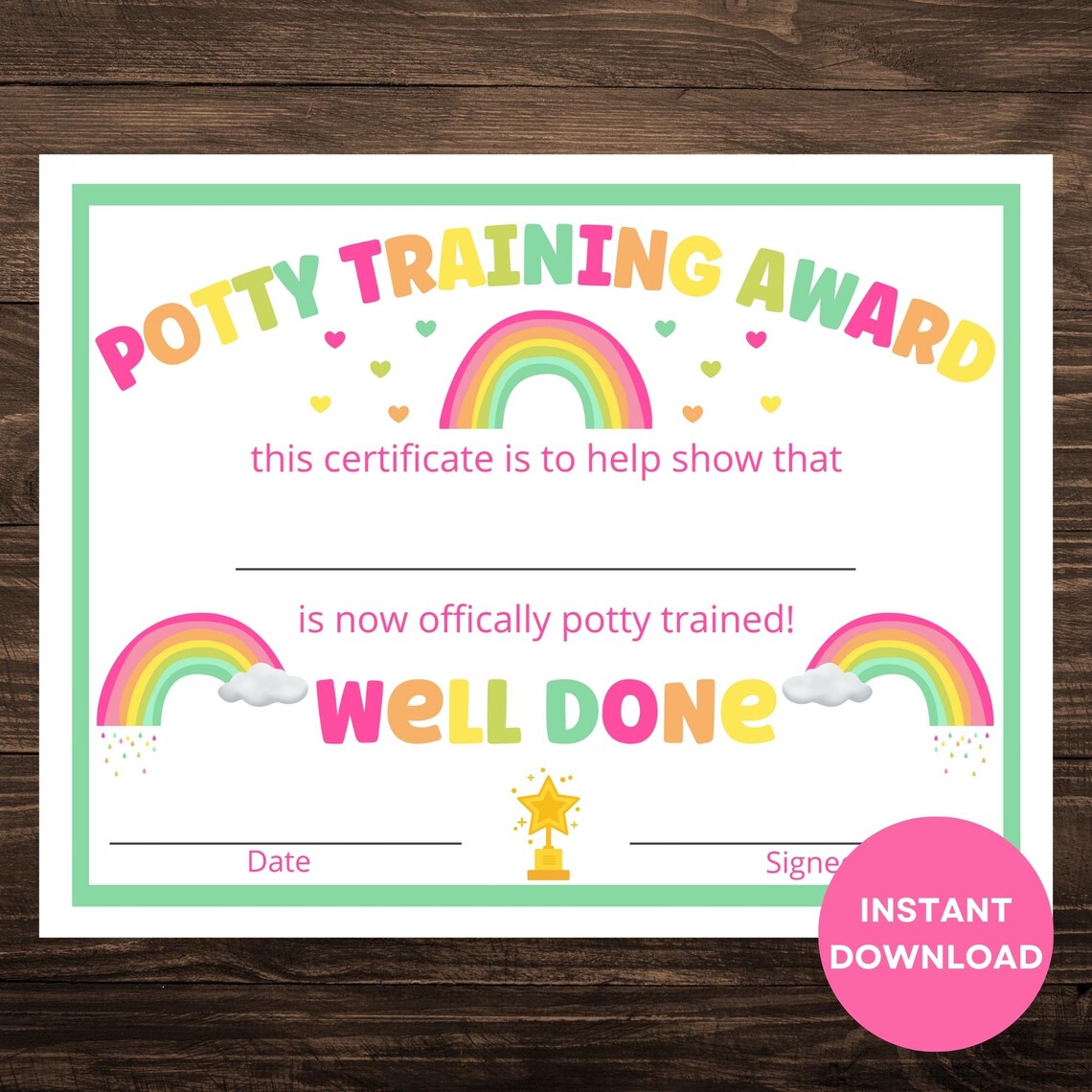 Rainbow Potty Training Certificate, Potty Training Award, Potty ...