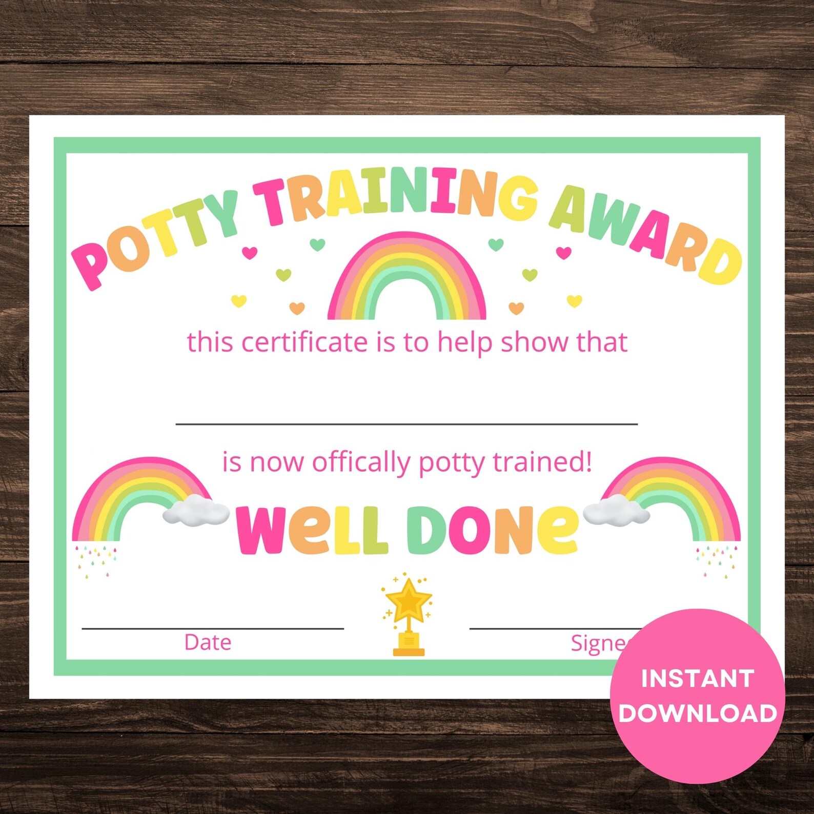 Rainbow Potty Training Certificate, Potty Training Award, Potty ...
