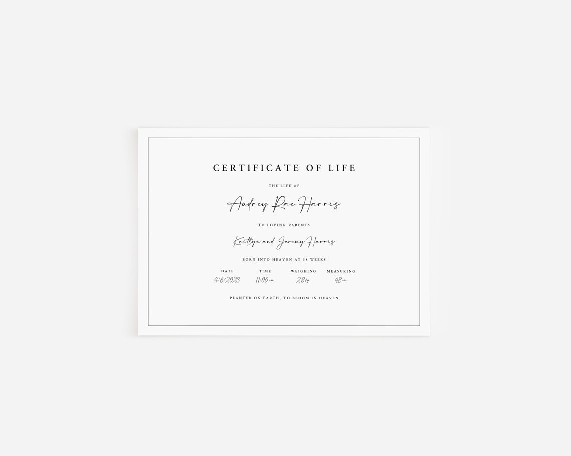 Certificate of Life Stillborn Certificate of Life Baby Loss Gift ...
