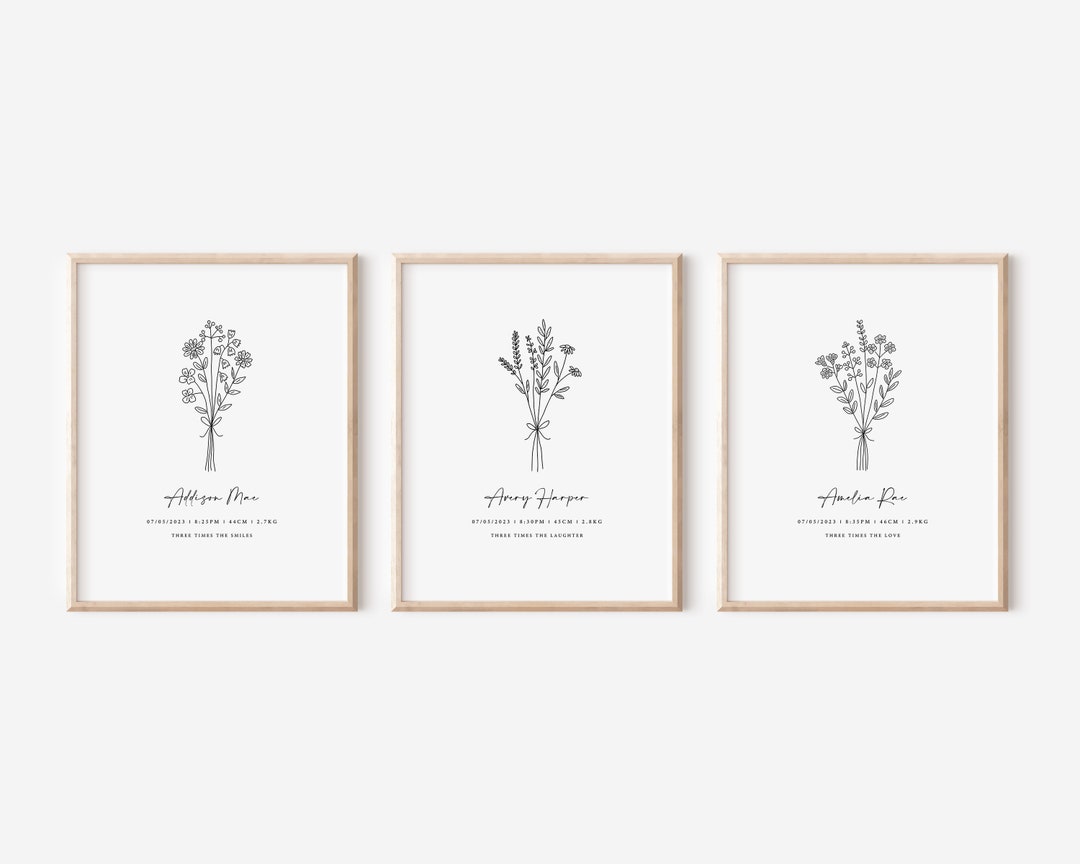 Triplet Girls Nursery Triplet Gift Triplet Nursery Decor Triplet Name ...