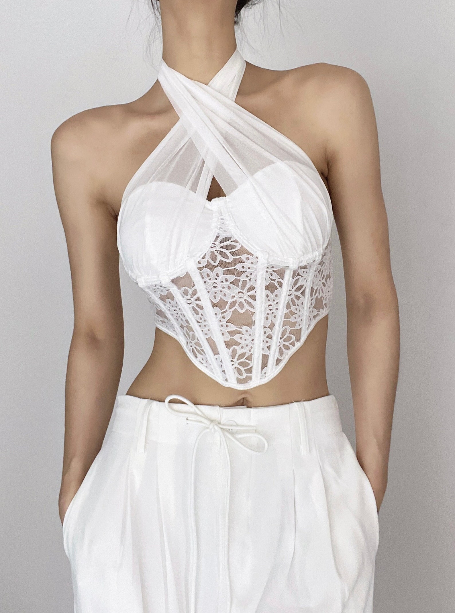 White Lace Halter Top High Neck Sheer Bra Top Cross Over Etsy