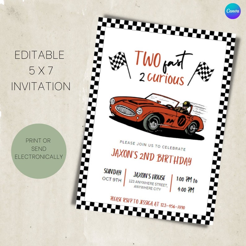 Two Fast, 2 Curious Invitation, Race Car Theme, Digital Invitation ...