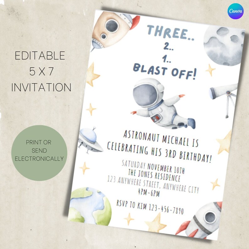 Astronaut Theme Birthday Invitation Space Birthday Kids - Etsy
