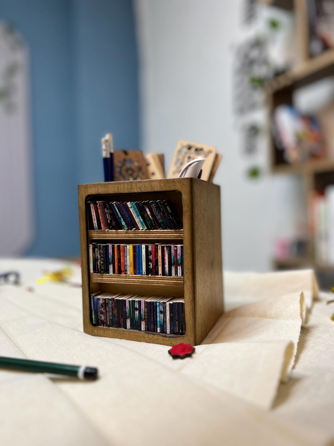 Fun Desk Organizer - Miniature Wooden Bookshelf Bookmark Holder ...