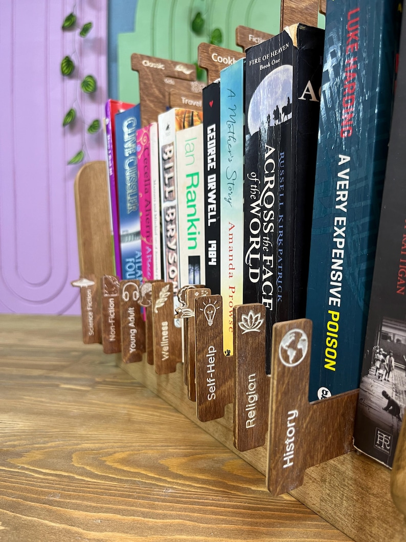 Personalized Wooden Book Shelf Dividers, Horizontal Genre Organizers ...