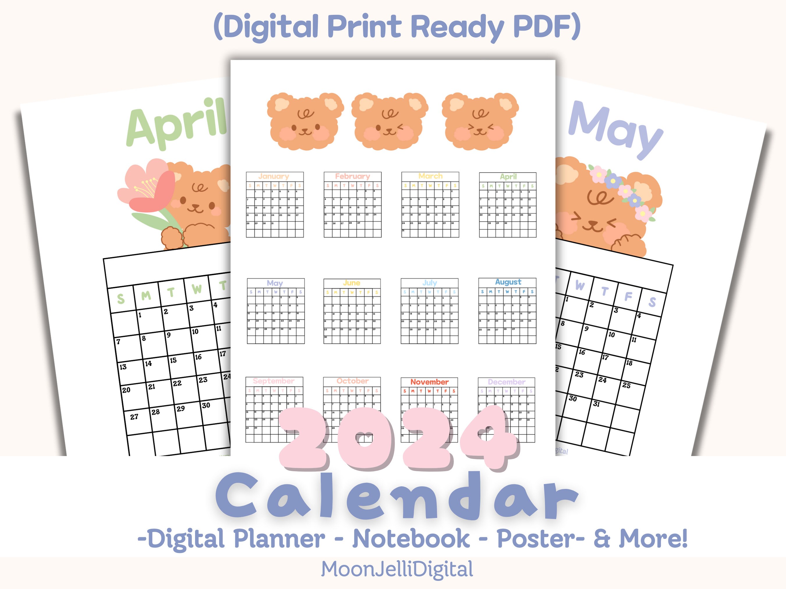 2024 Aesthetic Bear Calendar Monthly & Whole Year Included Great for ...