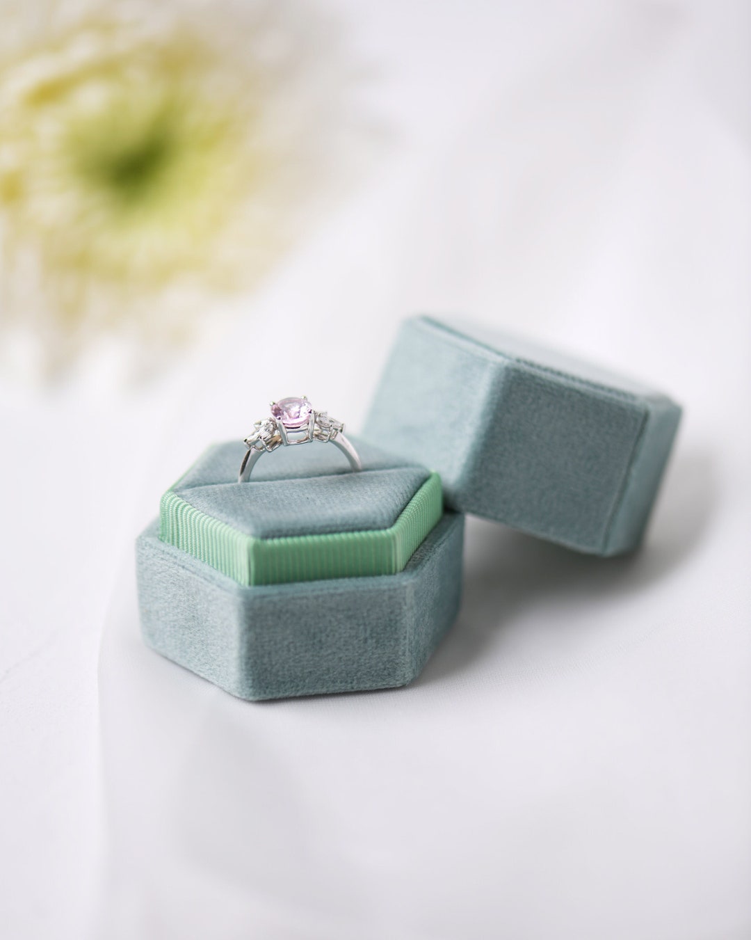 Sage Green Hexagon Velvet Ring Box in Single/double Slots Engagement ...