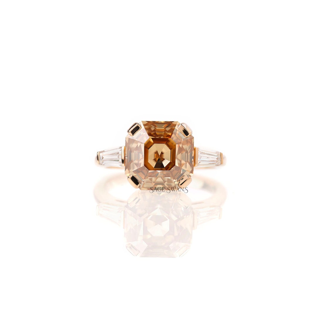 Octavia Cut Asscher Dark Champagne Moissanite Ring, Tapered Baguette ...
