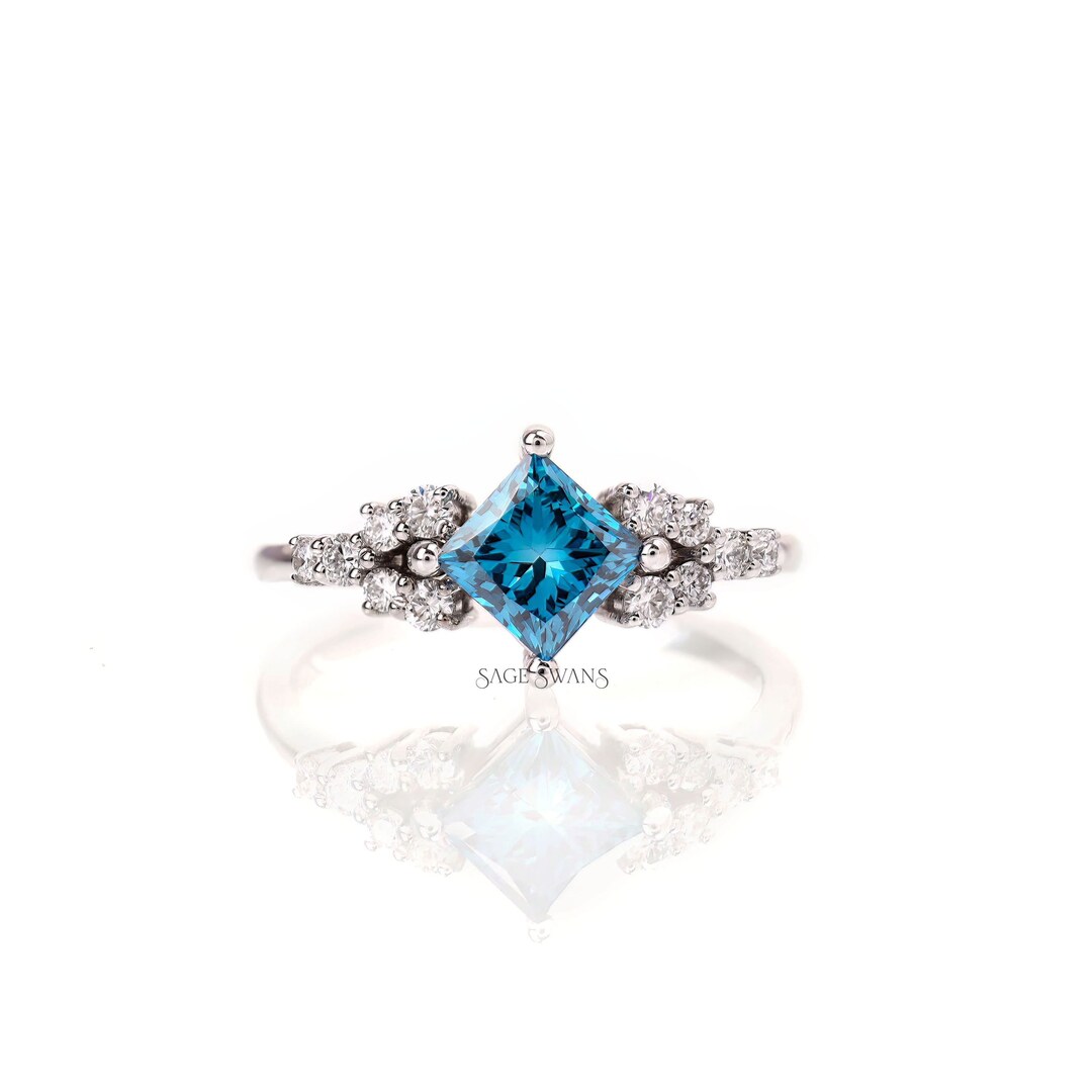 5.5 MM Fancy Vivid Blue Princess Cut Lab Diamond Ring, Art Deco Multi ...