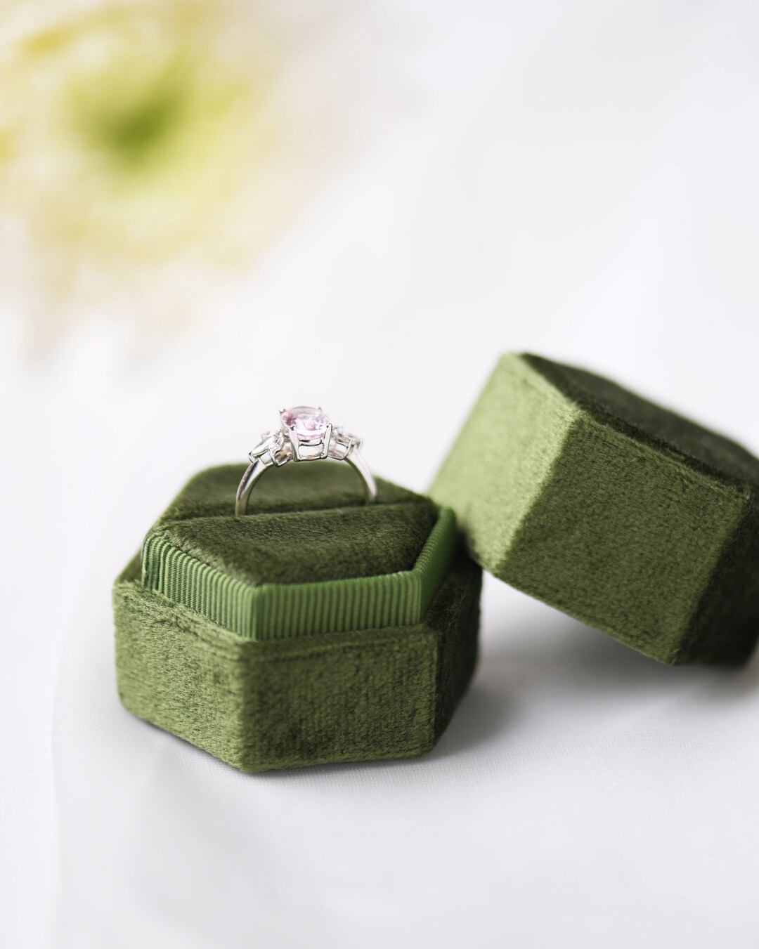 Moss Green Hexagon Velvet Ring Box in Single/double Slots Engagement ...