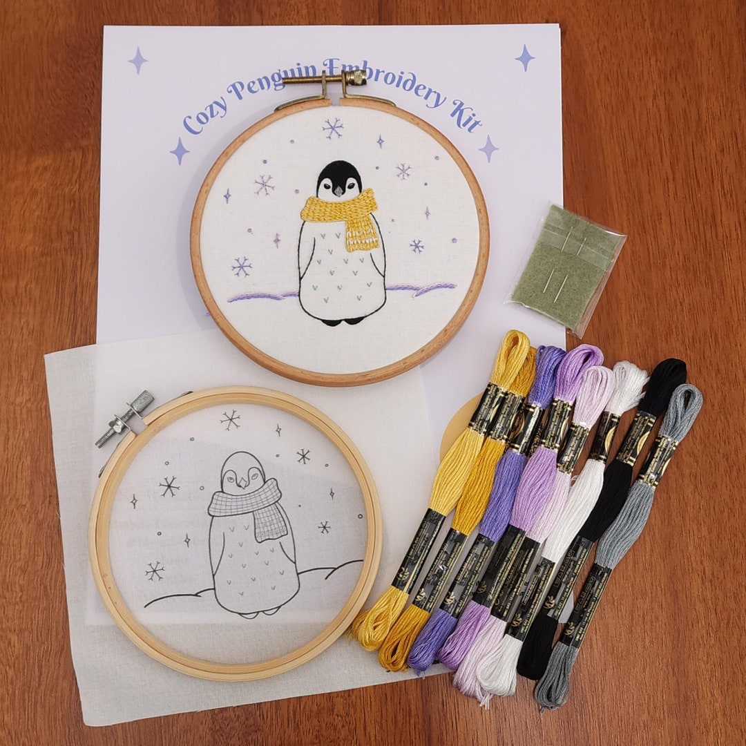 Cozy Penguin Hand Embroidery Kit With Printed Fabric and Detailed ...