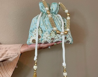 Sequin Peach Potli Indian Batwa Bag With Pearl Embroidered Potli for Indian Bride Clutch Purse ...