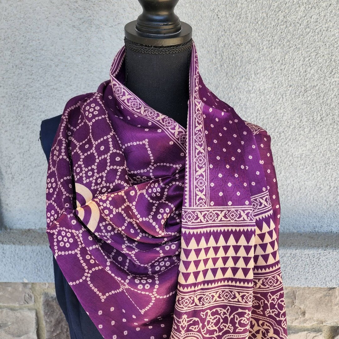 Purple Long Floral Print Scarf for Wedding Silk Scarf Hand Block ...