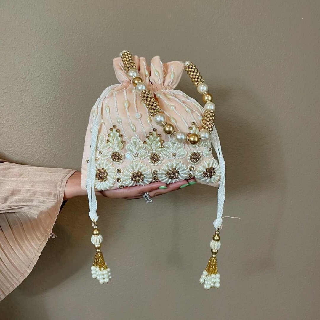 Sequin Peach Potli Indian Batwa Bag With Pearl Embroidered Potli for ...