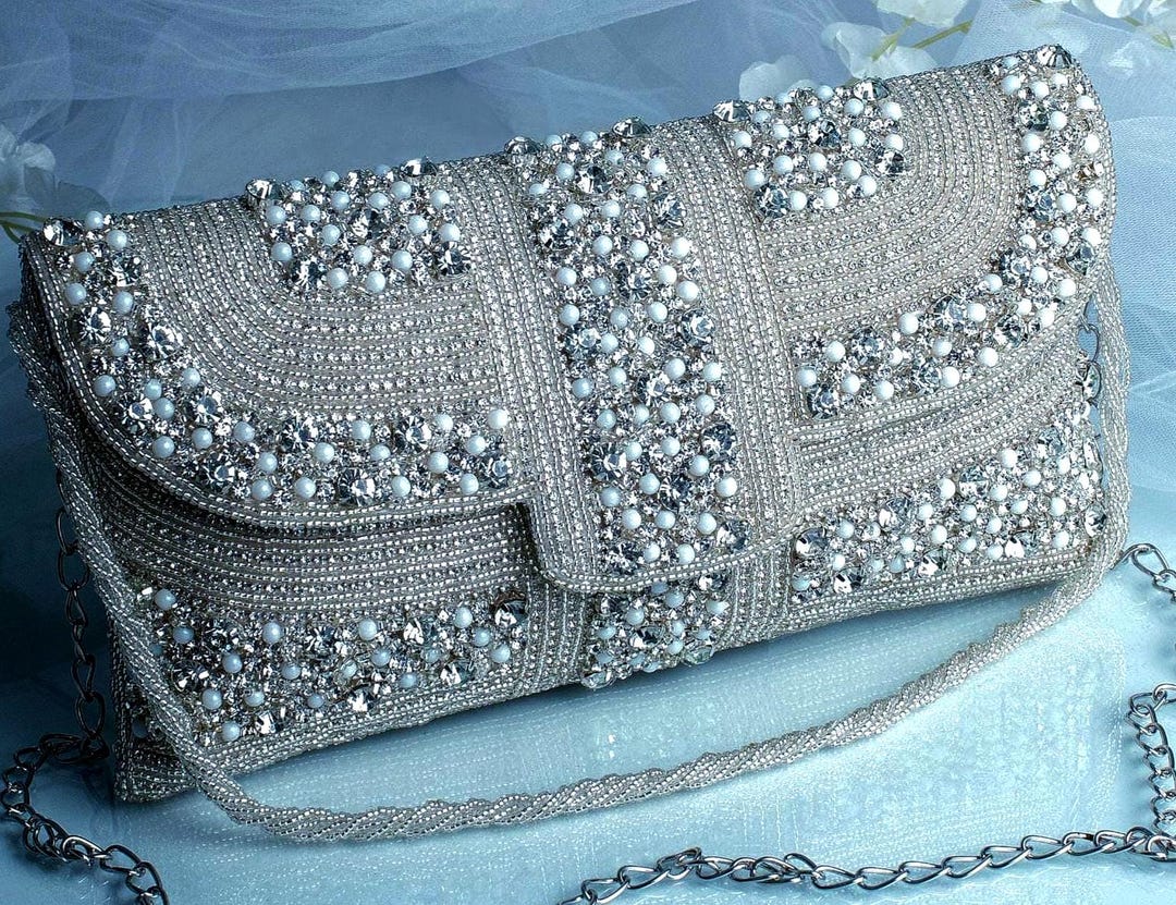 Silver Formal Clutch Crystal Evening Bag Bridal Gift Silver Beaded ...