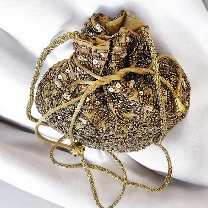 Gold Wedding Potli Bag Gold Beaded Clutch Bridal Evening Purse Formal ...