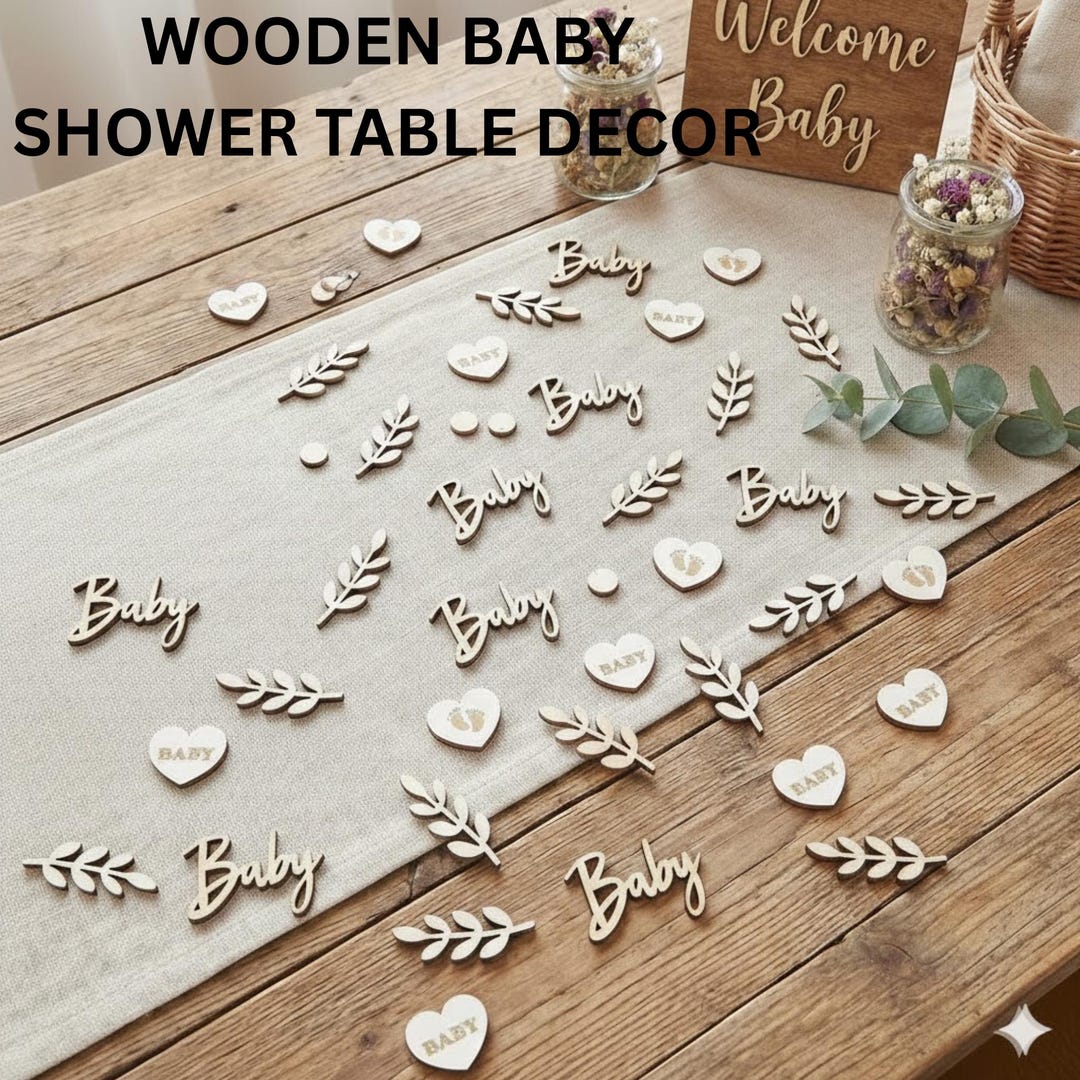 Rustic Party Table Scatter Baby Shower Neutral Decor Wooden Heart Charm ...