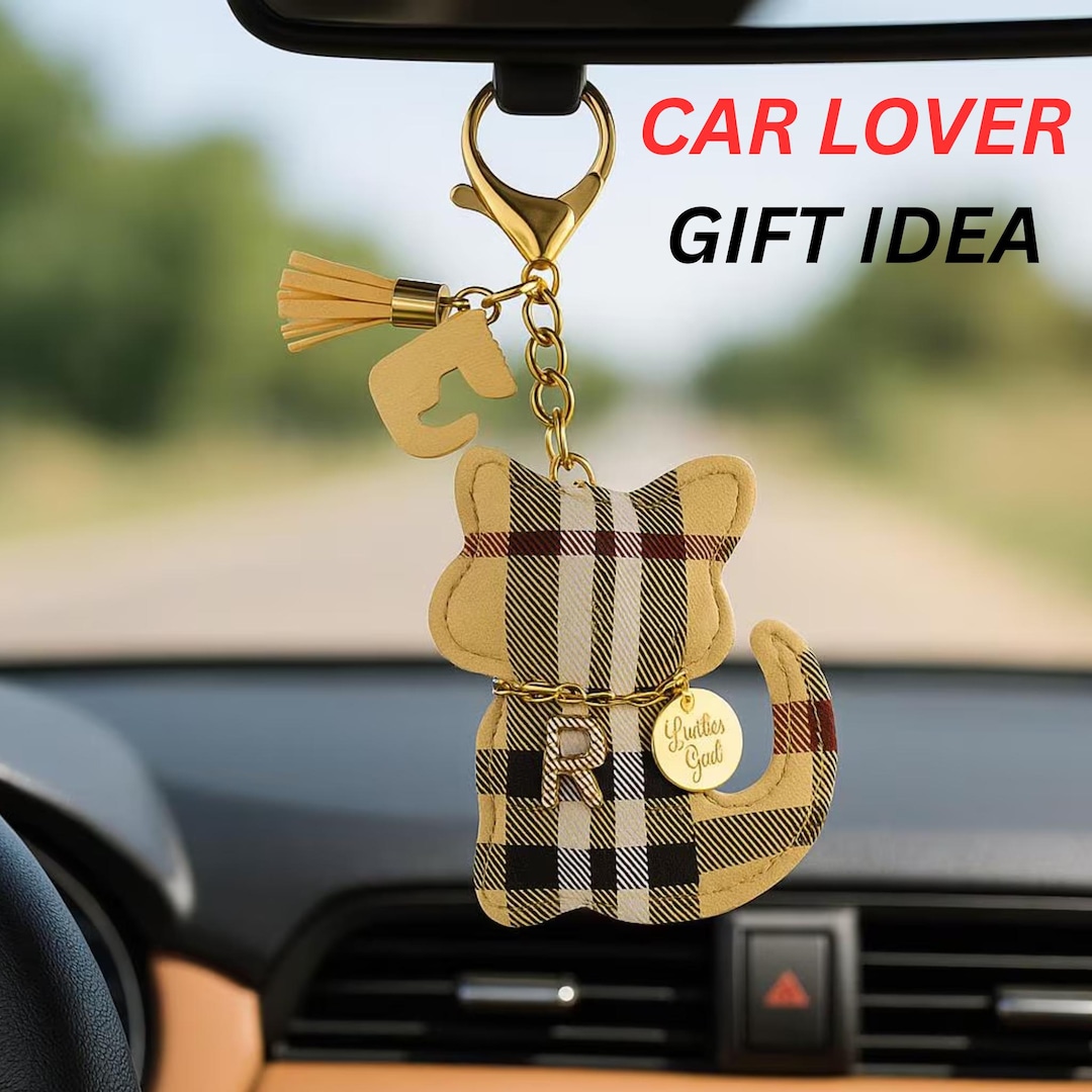 Personalized Plaid Cat Car Charm: Initial Keychain, Lucky Girl Gift - Etsy