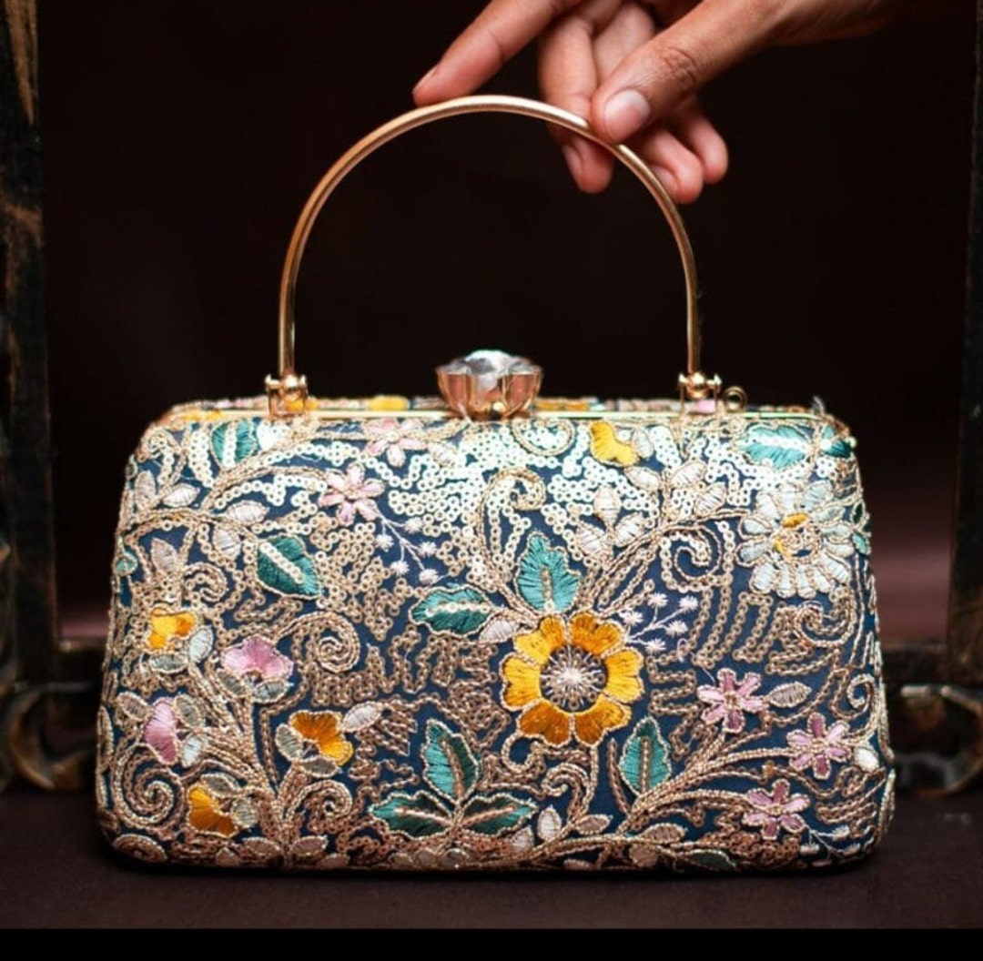 Blue Elegant Clutch Embroidered Purse Handcrafted Sequins Embellished ...