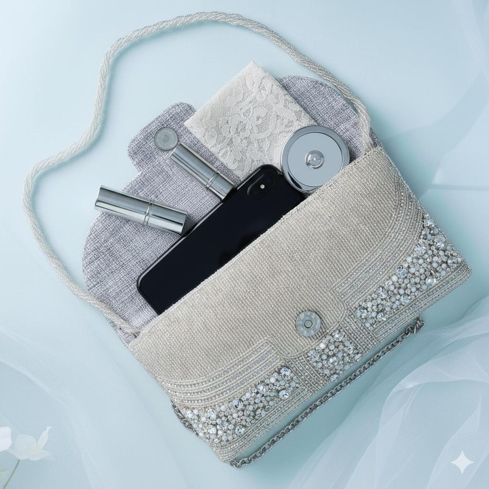 Silver Formal Clutch Crystal Evening Bag Bridal Gift Silver Beaded ...