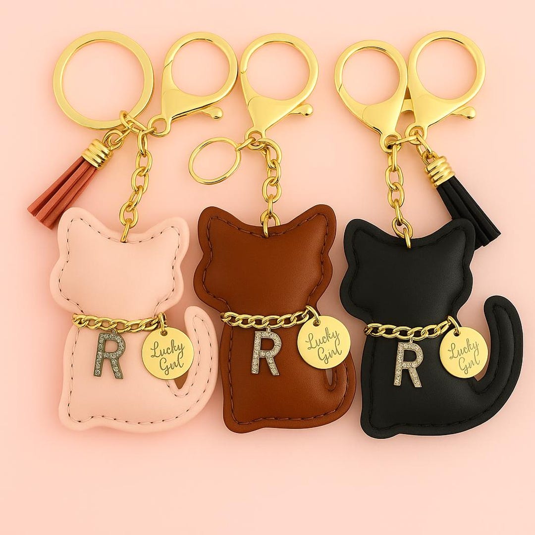 Personalized Cat Key Chain With Initial Custom Cat Keychain Attachment ...