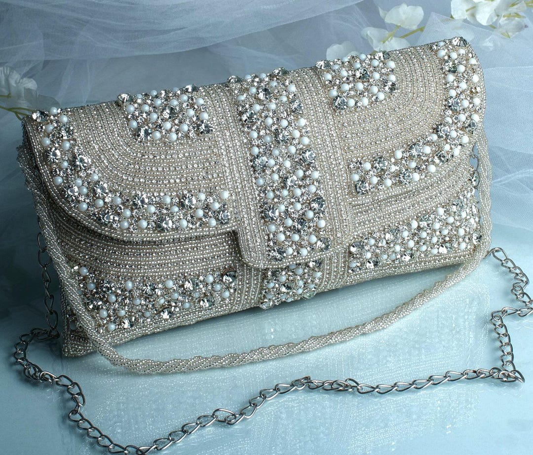 Silver Formal Clutch Crystal Evening Bag Bridal Gift Silver Beaded ...