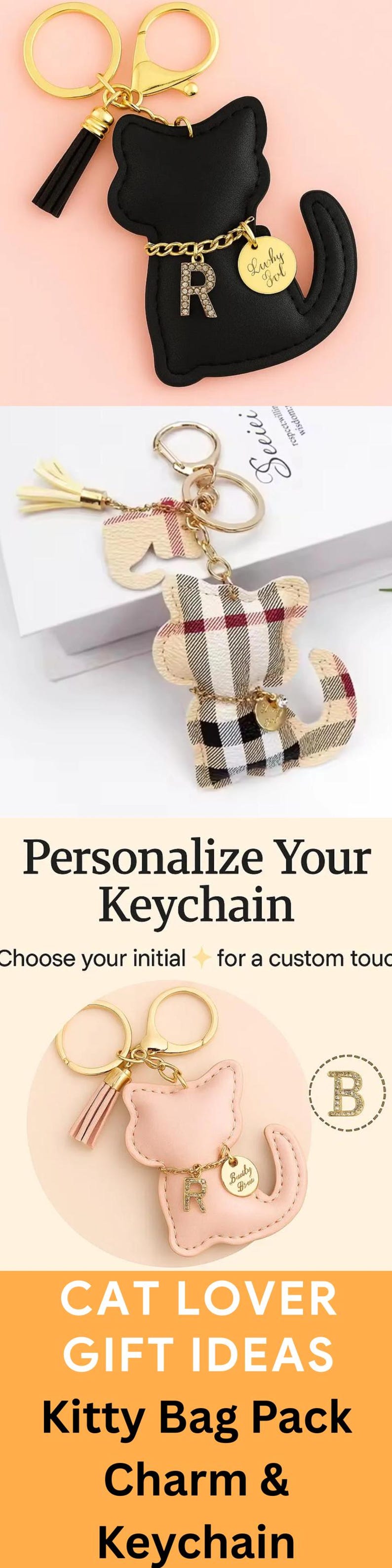 Personalized Plaid Cat Car Charm: Initial Keychain, Lucky Girl Gift - Etsy
