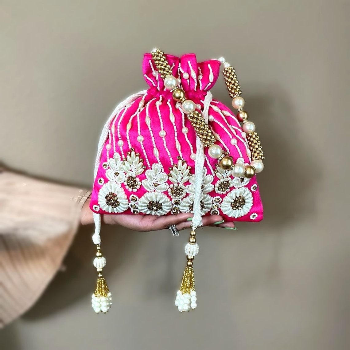 Sequin Peach Potli Indian Batwa Bag With Pearl Embroidered Potli for ...