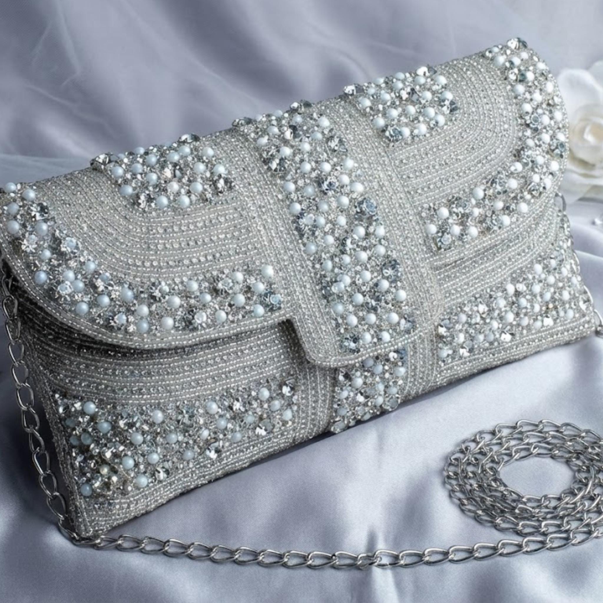 Silver Formal Clutch Crystal Evening Bag Bridal Gift Silver Beaded ...