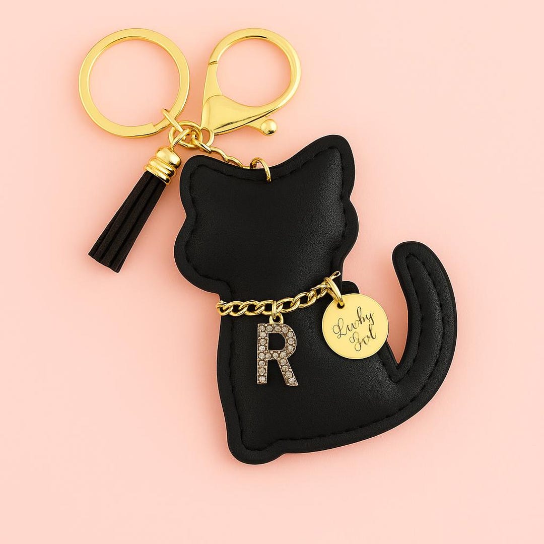 Personalized Cat Keychain With Rhinestone Letter Personalized Bag Charm ...