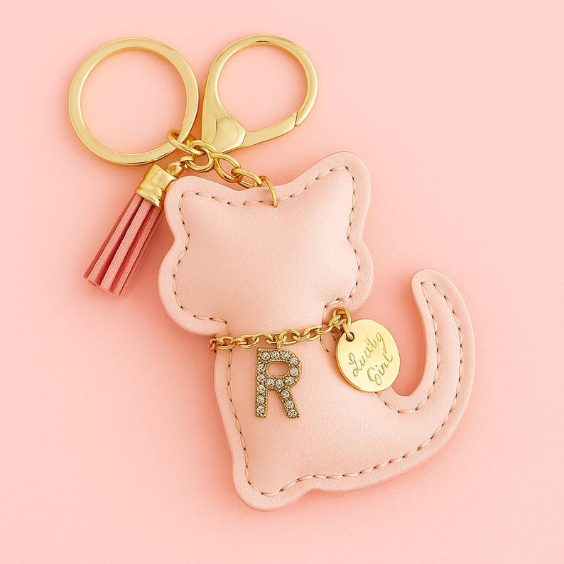 Personalized Plaid Cat Car Charm: Initial Keychain, Lucky Girl Gift - Etsy