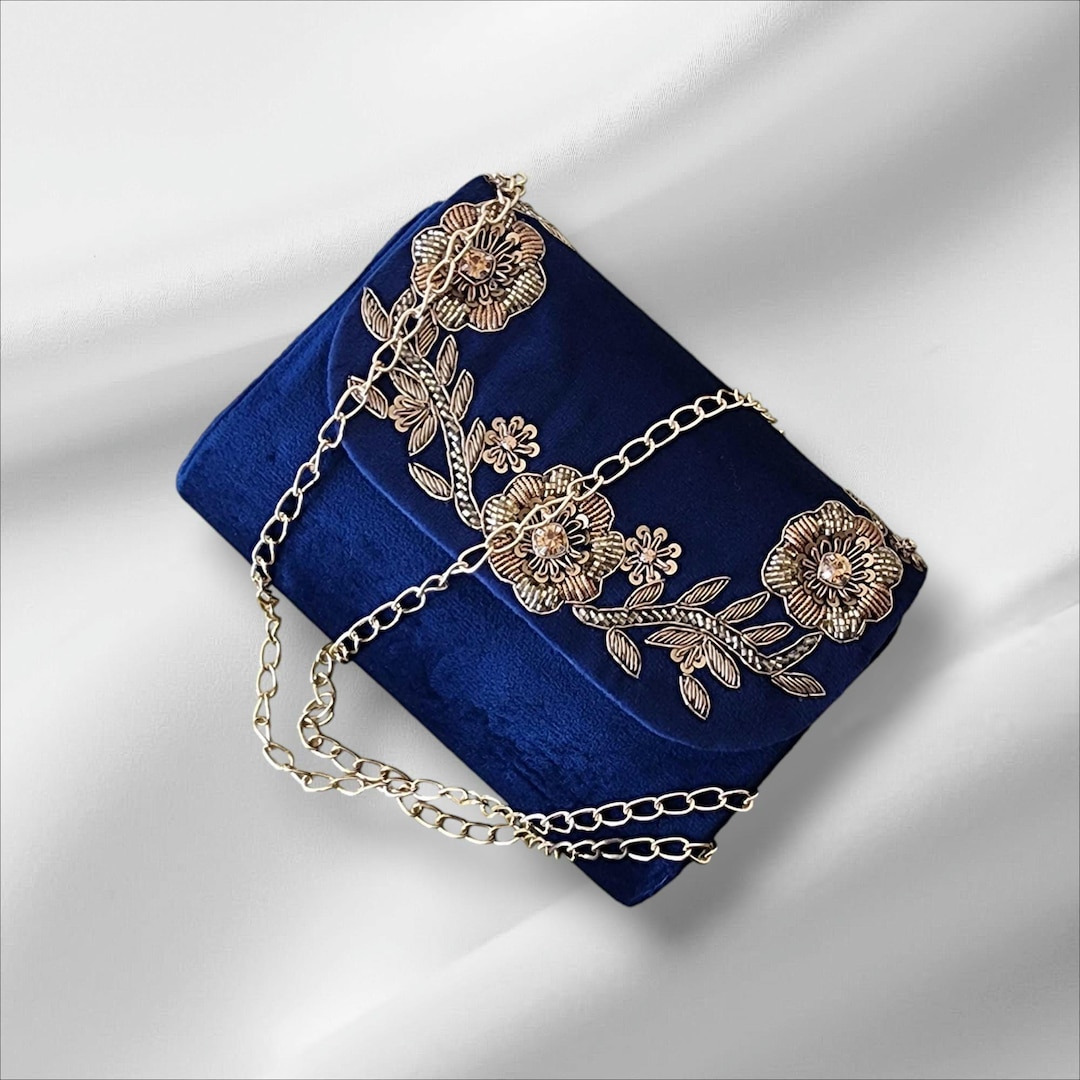 Blue Elegant Clutch Embroidered Purse Handcrafted Sequins Embellished ...