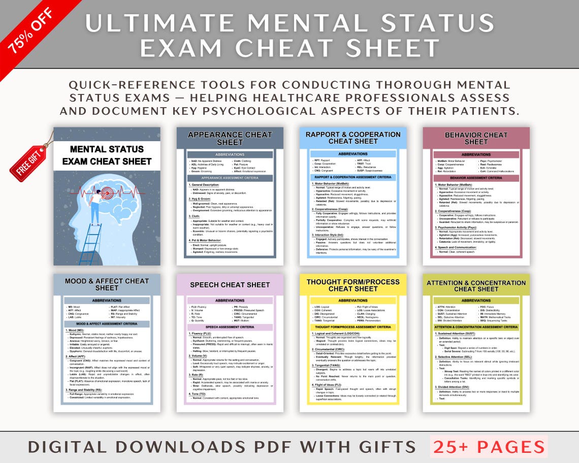 Mental Status Exam Cheat Sheet: MSE Reference & Assessment (digital ...