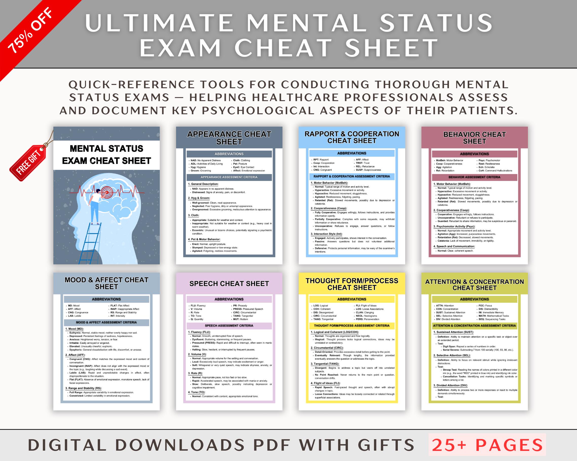 Mental Status Exam Cheat Sheet: MSE Reference & Assessment (digital ...
