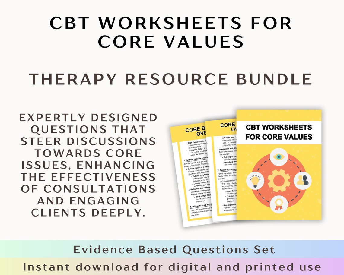 CBT Worksheets for Core Values, Mental Health Workbook, Limiting ...
