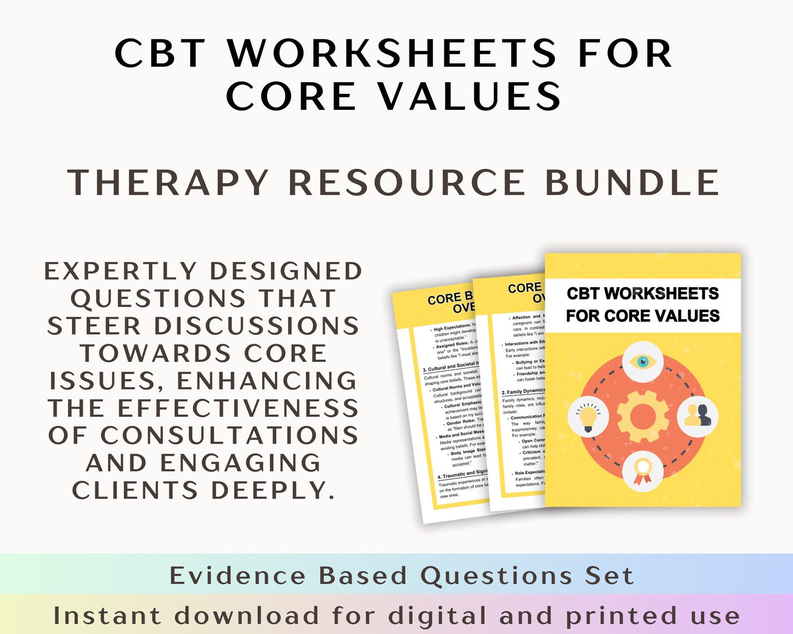 CBT Worksheets for Core Values, Mental Health Workbook, Limiting ...