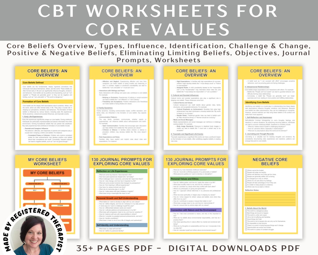 CBT Worksheets for Core Values, Mental Health Workbook, Limiting Beliefs, Growth Mindset ...