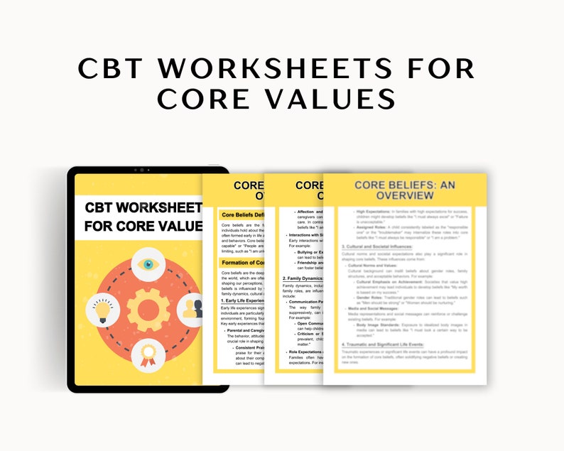 CBT Worksheets for Core Values, Mental Health Workbook, Limiting ...