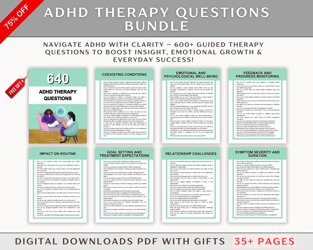 ADHD Therapy Questions Bundle: Counseling Worksheets & Journal Prompts ...