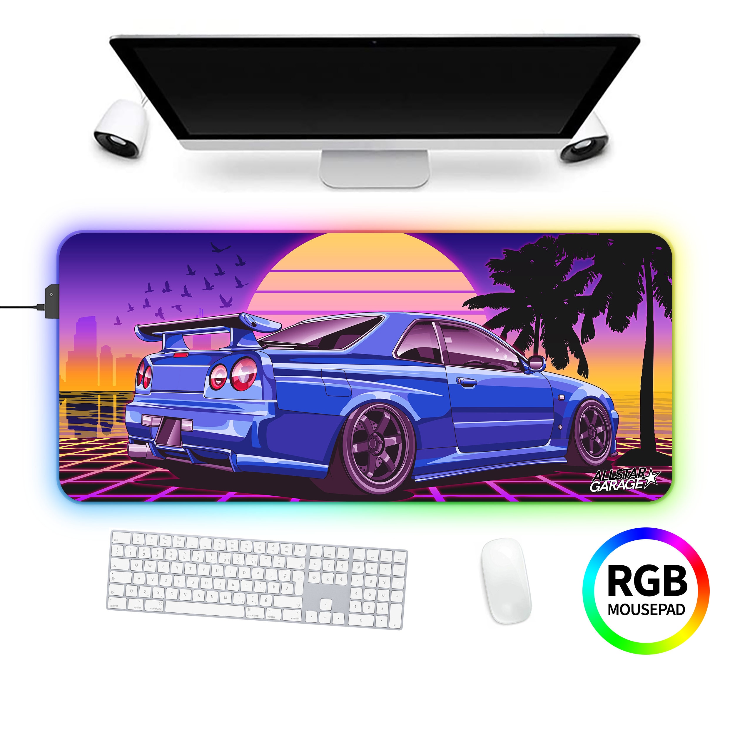 JDM Skyline GTR Nissan R34 RGB Gaming Mouse Pad, Japanese Car Desk Pad, Synthwave Cyber Punk ...