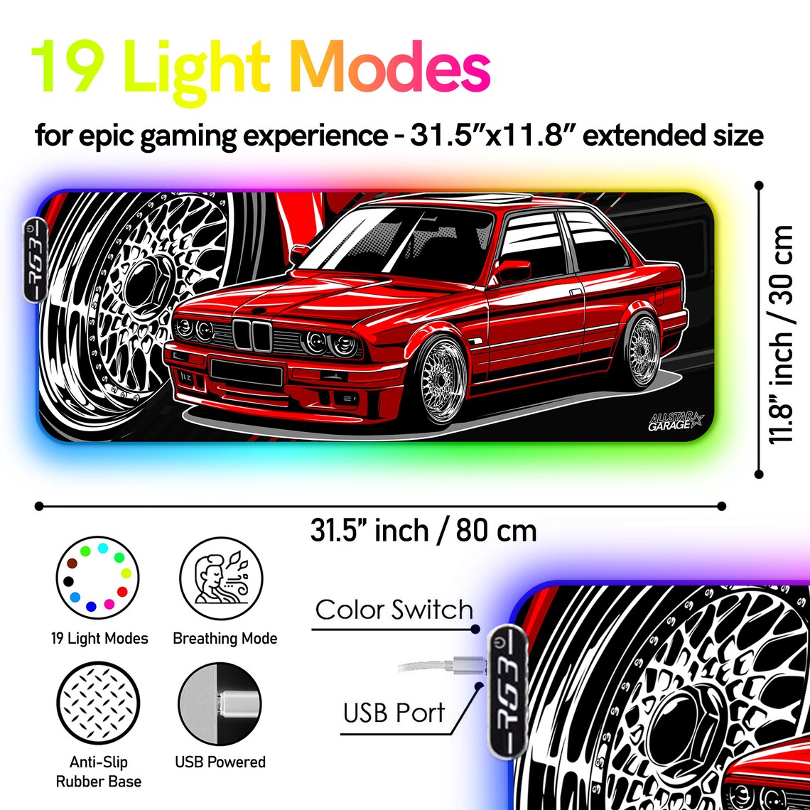 Retro BMW E30 RGB Mouse Pad, Minimalist Retro Car Bimmer Mouse Pad Desk ...