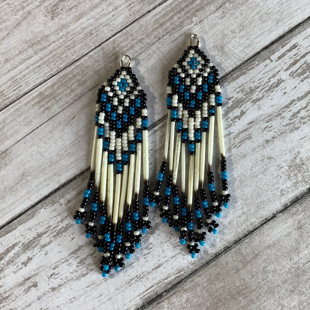 Native American Style Beaded Fringe Earrings Featuring Porcupine Quills ...