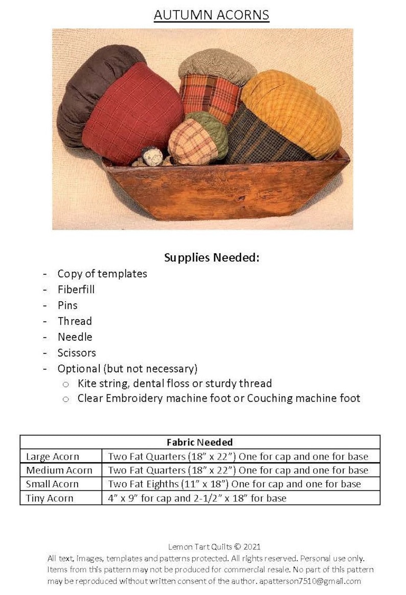 Fabric Acorn Decoration Pattern -PDF / Printed Pattern Also Available ...